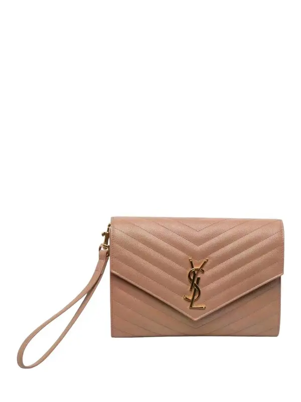 Saint Laurent 2022 Grain De Poudre Cassandre Matelasse Flap Pouch Clutch Bag - Brown