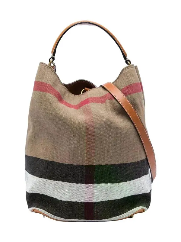Burberry 2000-2010 Medium Mega Check Canvas Ashby Bucket Bag Satchel - Brown