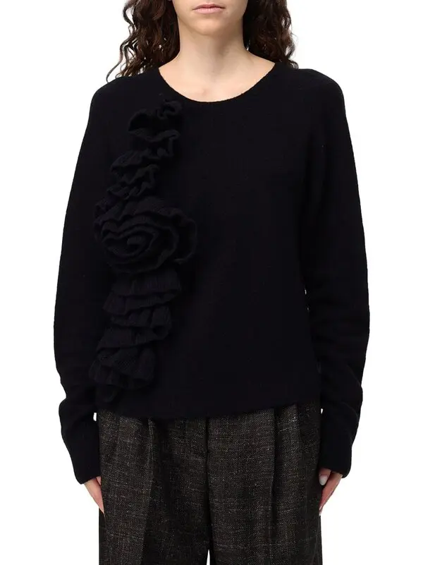 Liviana Conti Cotton Crewneck Sweater With Ruffle Application - Black
