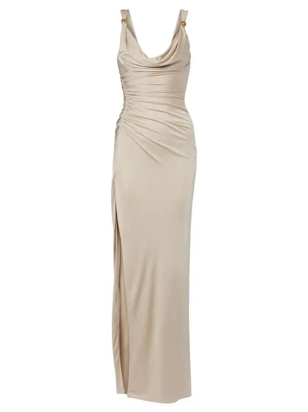 Versace Medusa Ruched Jersey Gown - Beige