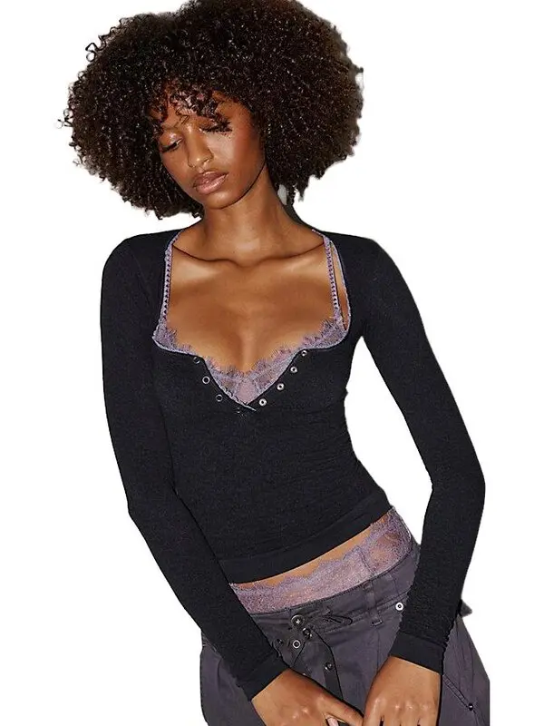INTIMATELY Sweet Point Seamless Long Sleeve Henley At - Black