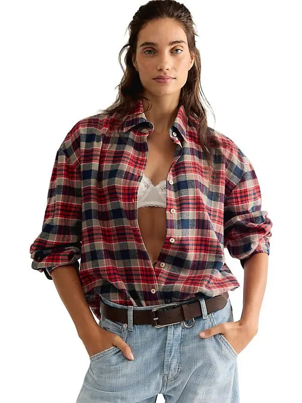 Free People Everyday Plaid Button Down Top At - Red Combo