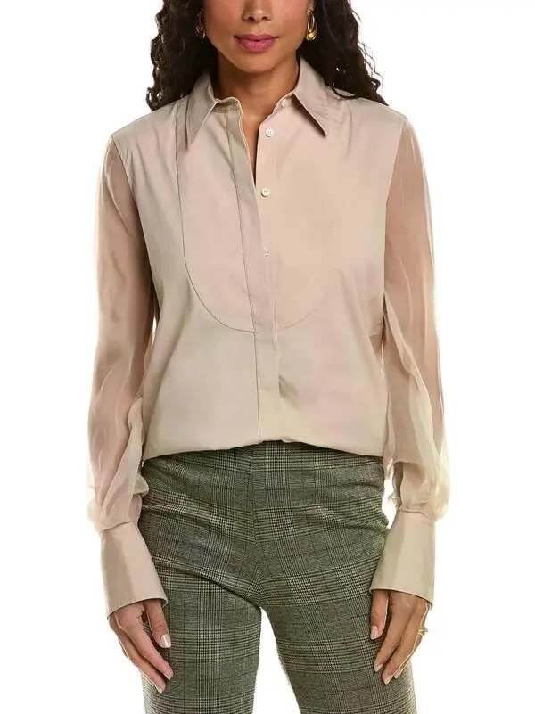 Brunello Cucinelli Sheer-sleeve Bib-detail Shirt - Neutrals
