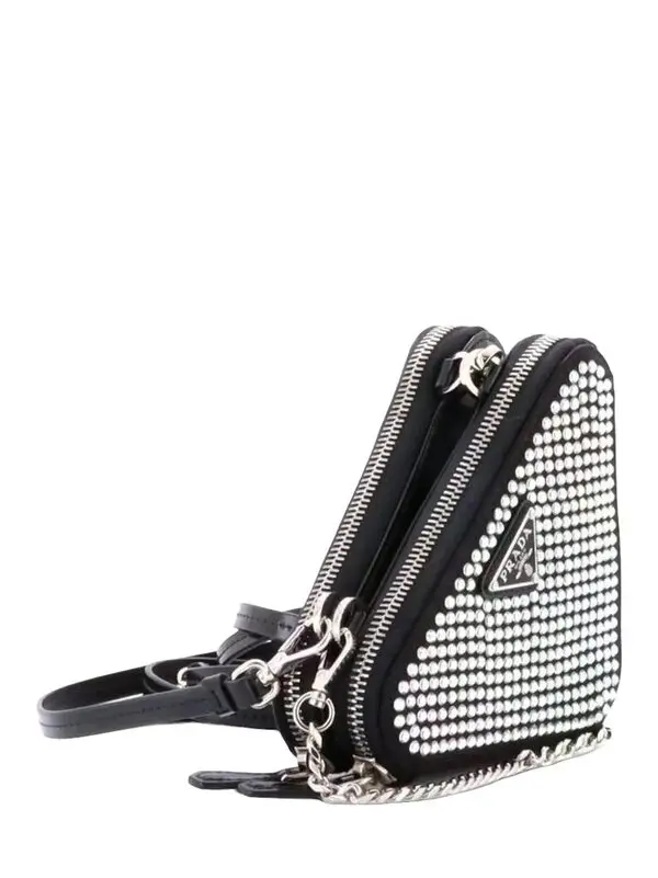 Prada Triangle Double Pouch Crystal Embellished Satin Mini Crossbody Bag - Black