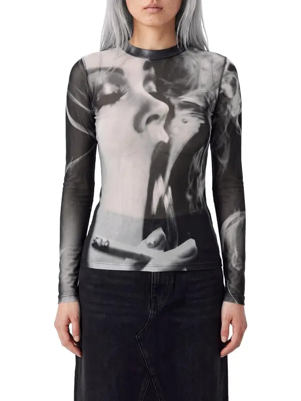JEAN PAUL GAULTIER Slim Fit Graphic Print Top In Stretch Nylon With Long Sleeves - Black