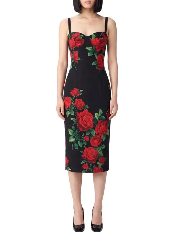 Dolce & Gabbana Floral-print Satin Bustier Midi Dress - Red