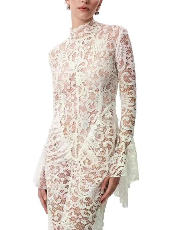 CONCEPTO Veil Lace Long-sleeved Fitted Maxi Dress - White