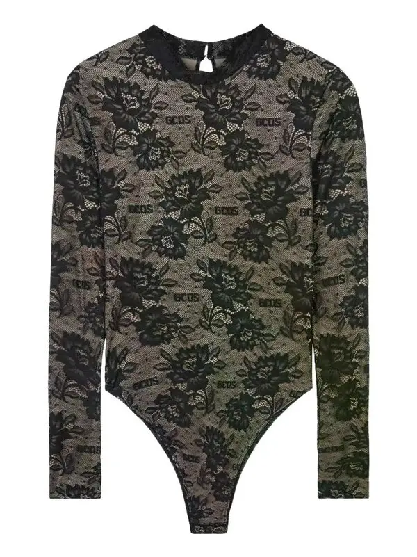 Gcds Floral-lace Logo-print Bodysuit - Black