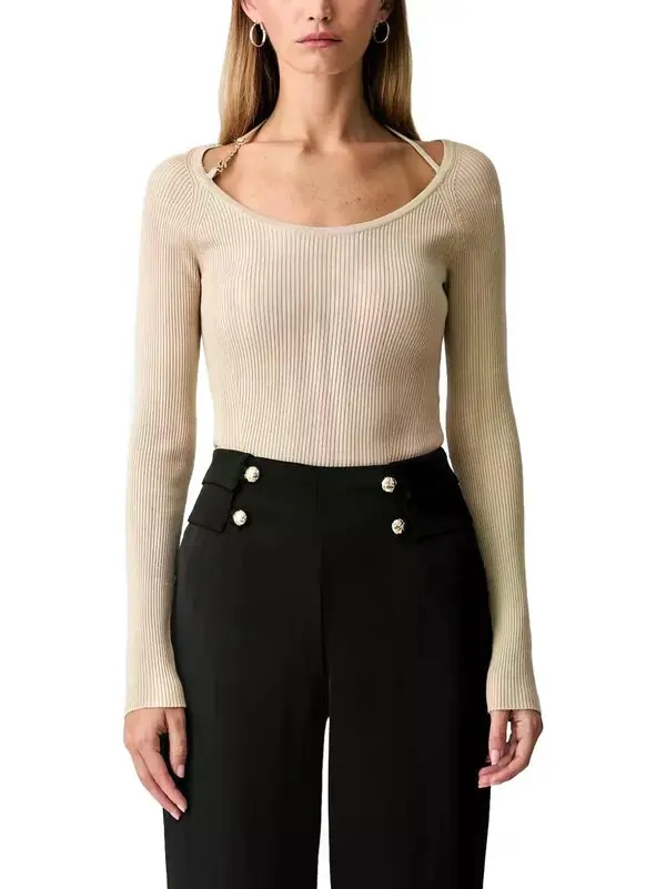 Guess Ribbed-knit Logo-plaque Sweater - Neutrals