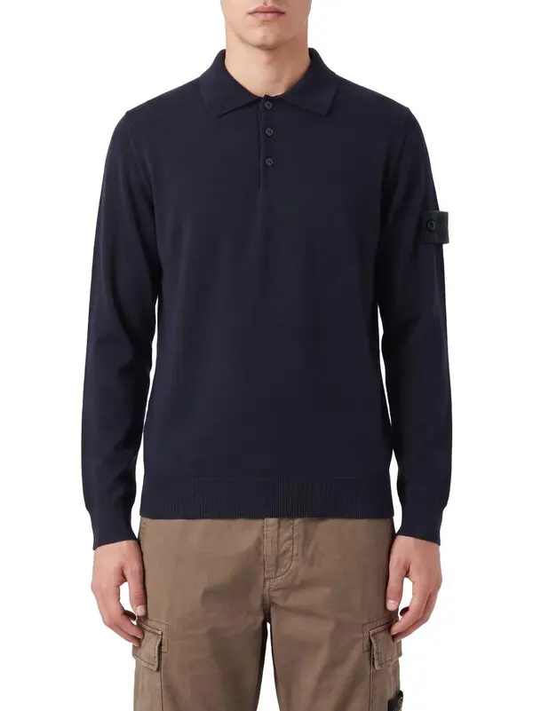 Stone Island Long-sleeved Wool Knit Polo Shirt With Compass Logo - Navy