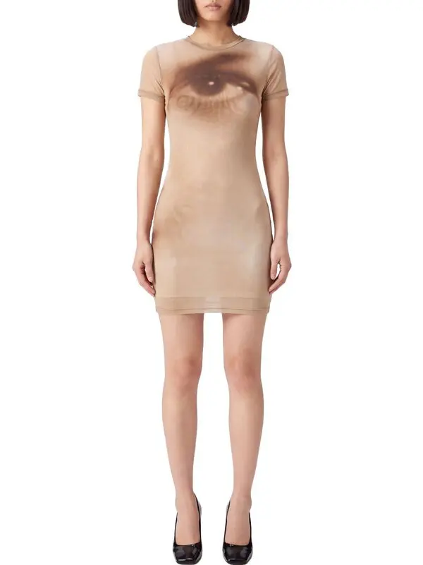 JEAN PAUL GAULTIER Graphic Print Tulle Mini Sheath Dress - Beige
