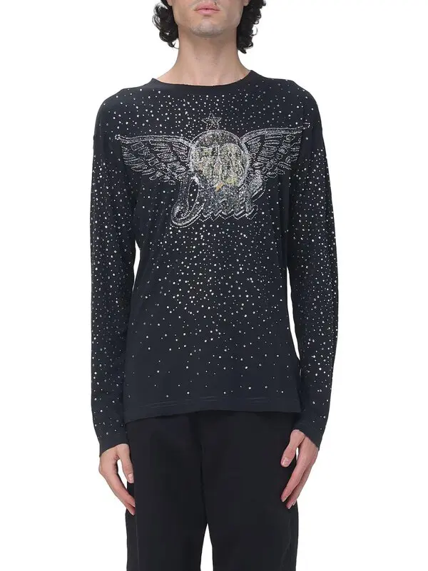 DIESEL® Slim Fit Long-sleeved Cotton T-shirt With Crystals - Black