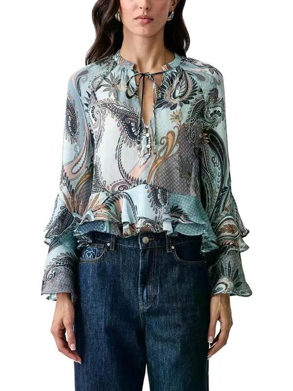 Guess Nicole Paisley-print Ruffled Blouse - Blue