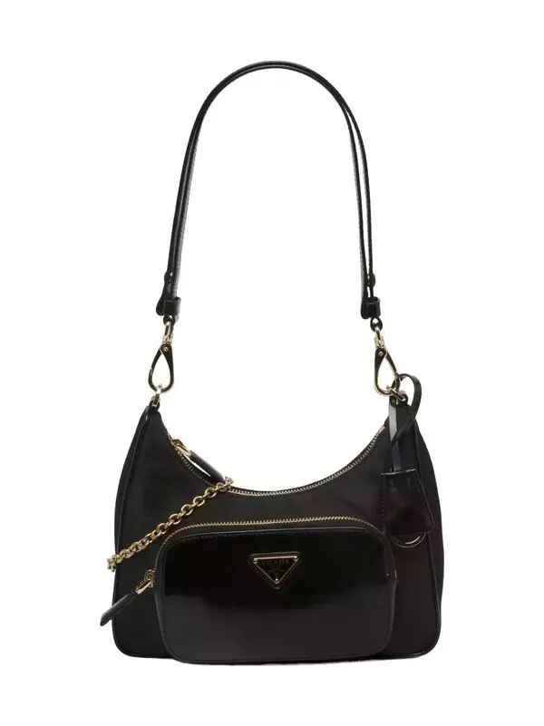 Prada 2013-2026 Re Nylon Brushed Leather Front Pocket Hobo Satchel - Black
