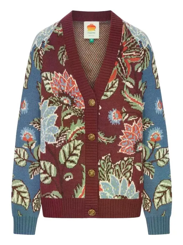 Farm Rio Delhi Floral-intarsia Button-up Cardigan - Red