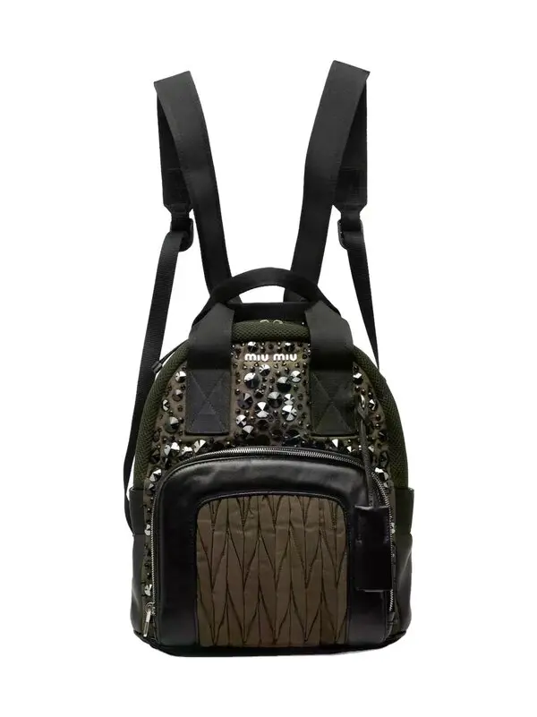 Miu Miu 2010-2026 Leather Trimmed Crystal Embellished Matelasse Nylon Backpack - Brown