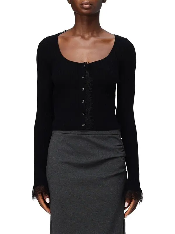 Pinko Slim Fit Silk And Cashmere Cardigan With Lace Inserts - Black