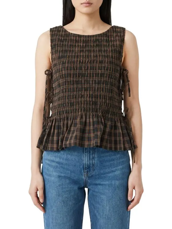 GANNI Sleeveless Tartan Print Organic Cotton Top With Tie Fastenings - Brown