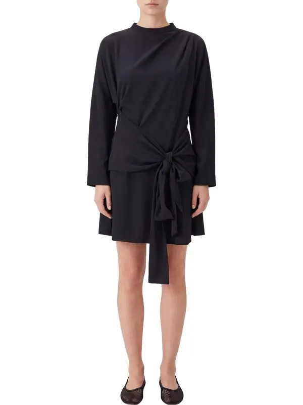 GANNI Long-sleeved Recycled Jersey Mini Dress With Tie Waist - Black