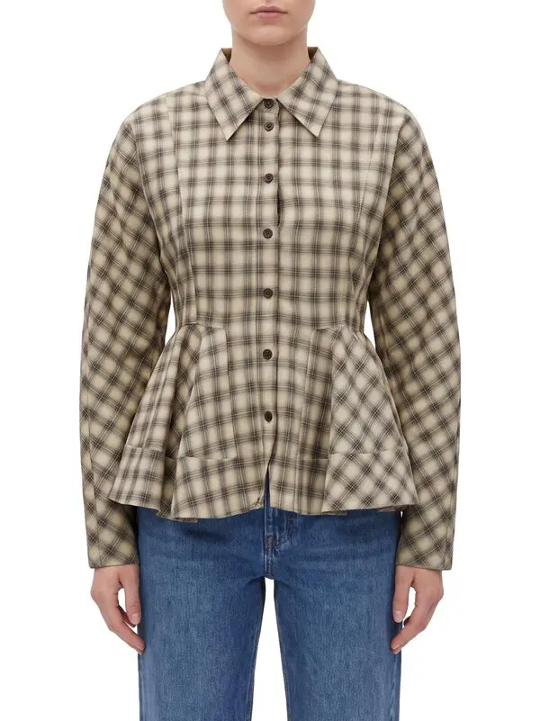 GANNI Long-sleeved Check Pattern Cotton Shirt - Grey