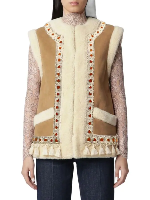 Valentino Garavani Embroidered Lambskin Fur Vest With Tassels - Camel