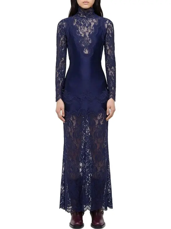 Rabanne Long-sleeved Satin And Lace High-neck Gown With Bow Detail - Blue