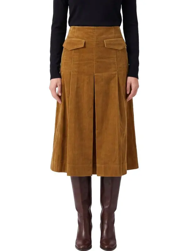 Tory Burch A-line Corduroy Midi Skirt With A High Waist And Back Slit - Brown