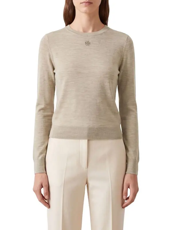 Tory Burch Pure Wool Crewneck Sweater With Embroidered Logo And Ribbed Trims - Beige