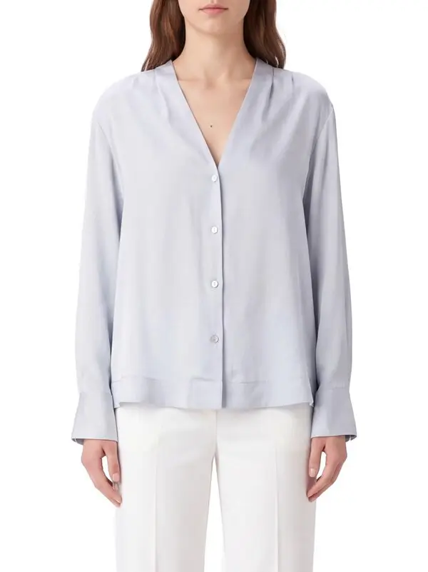 FORTE_FORTE Long-sleeve Pure Silk Shirt With V-neck - Grey