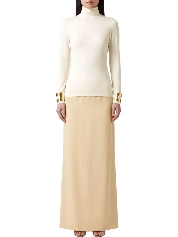 Elisabetta Franchi Long-sleeved Turtleneck Top In Jersey With An Asymmetric Hem - White