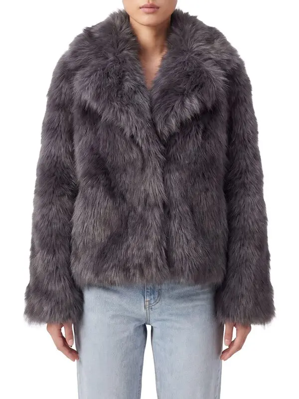 SWORD 6644 Short Single-breasted Faux Fur Jacket With A Relaxed Fit - Grey