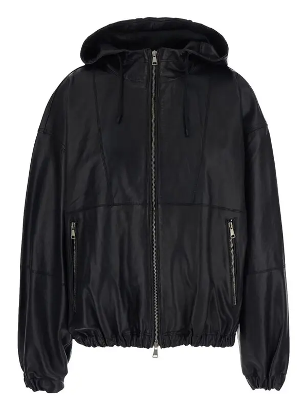 TELA Short Lambskin Leather Jacket With Hood And Drawstring - Black