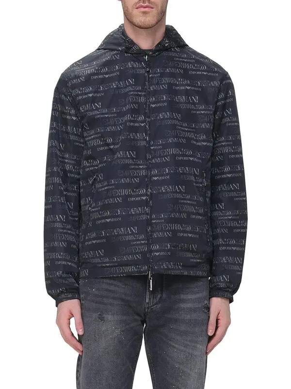 Emporio Armani Reversible Windbreaker Jacket In Technical Fabric With Hood And Logo - Blue