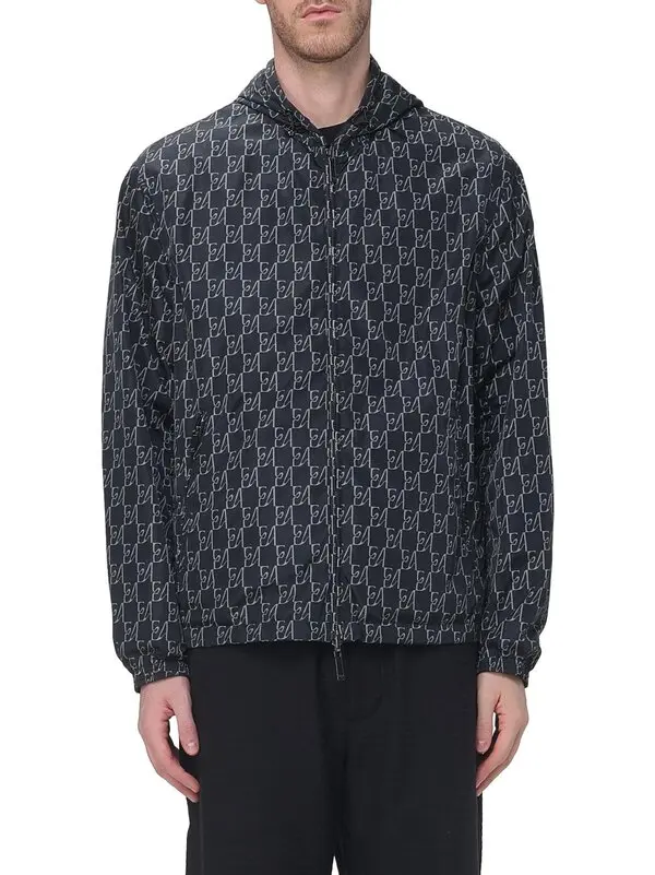 Emporio Armani Reversible Windbreaker Jacket In Technical Fabric With Hood And Logo - Navy