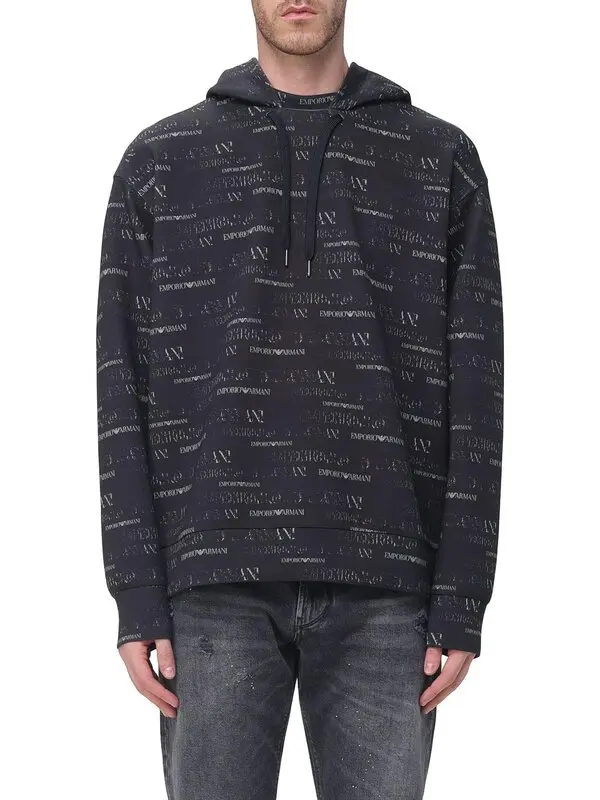 Emporio Armani Relaxed Fit Cotton-blend Hoodie With Contrast Logo - Navy