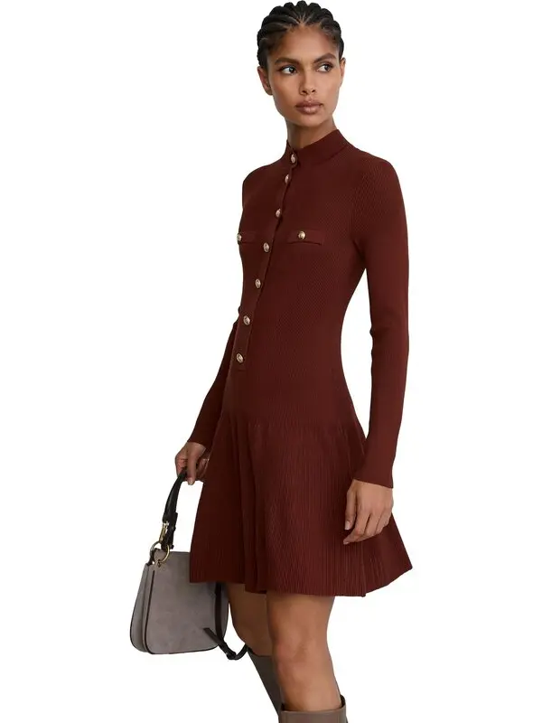 REISS Rib-knit Half-button Mini Dress - Rust