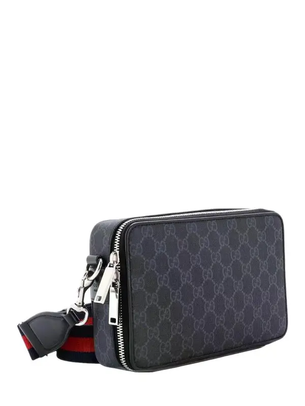 Gucci Web Strap Zip Around Camera Crossbody Bag Gg Coated Canvas Shoulder Bag - Black
