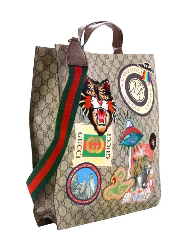 Gucci Courrier Convertible Soft Open Gg Coated Canvas With Applique North South Tote Bag - Brown