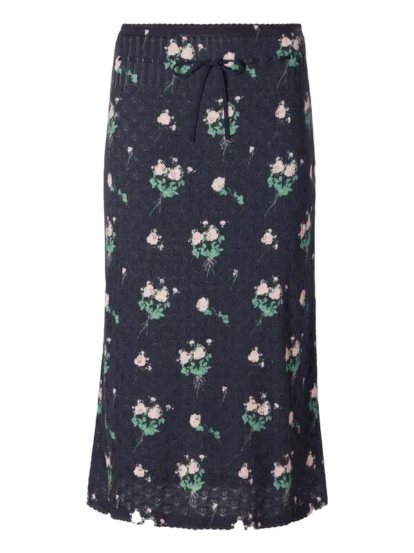 Bernadette Katia Floral-print Pointelle-knit Silk, Wool And Cashmere-blend Knee-length Skirt - Black