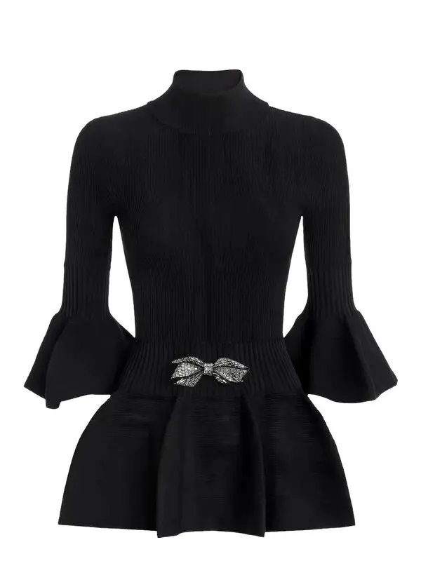 GENNY Bow-embellished Peplum Sweater - Black