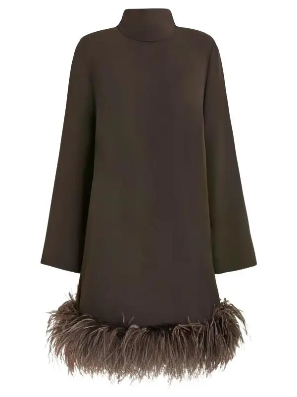 P.a.r.o.s.h Feather-trim Bow-detail Long-sleeved Shift Mini Dress - Brown