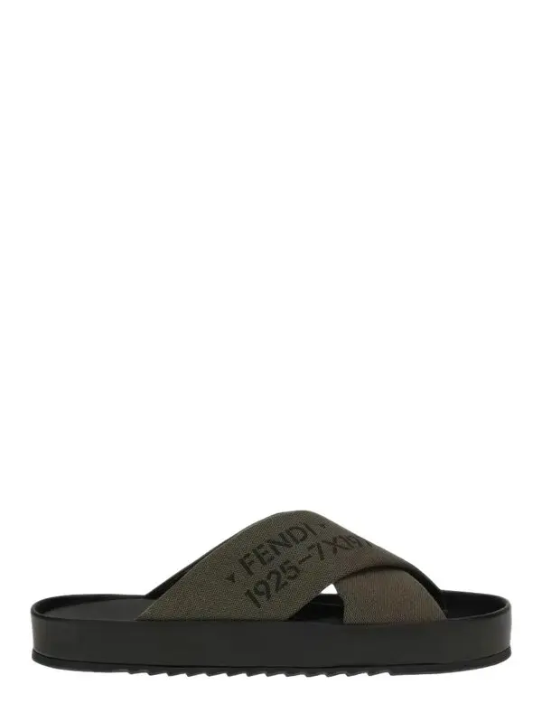 Fendi Black Leather And Gray- Fabric Slides - Green