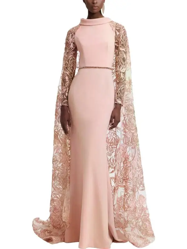 GEMY MAALOUF Floral-embroidered Cape-overlay Maxi Dress - Pink