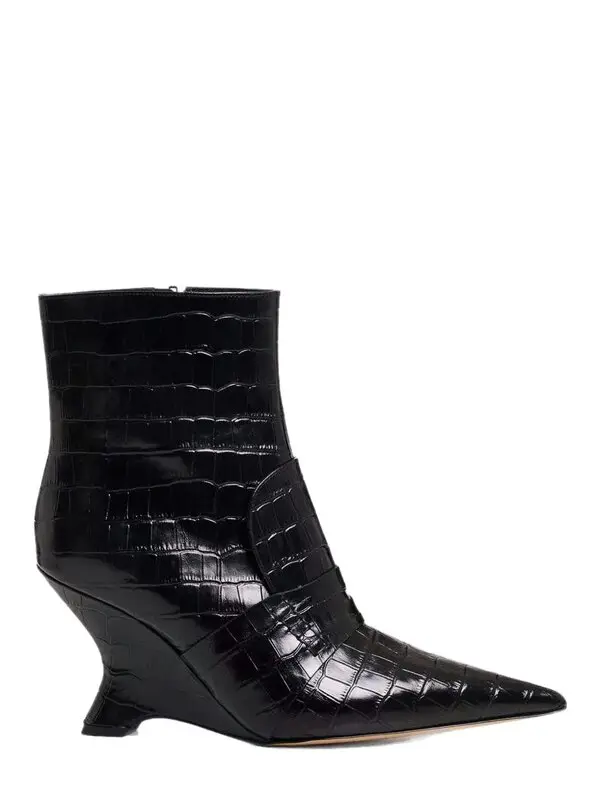 Essentiel Antwerp Crocodile-effect Wedge-heel Ankle Boots - Black