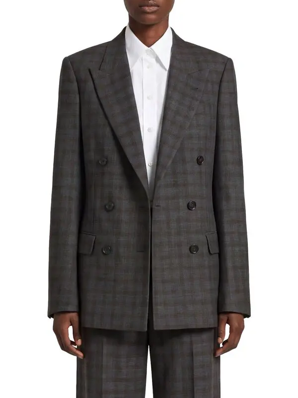 Dries Van Noten Prince Of Wales Check Wool Double-breasted Blazer With Lapels - Grey