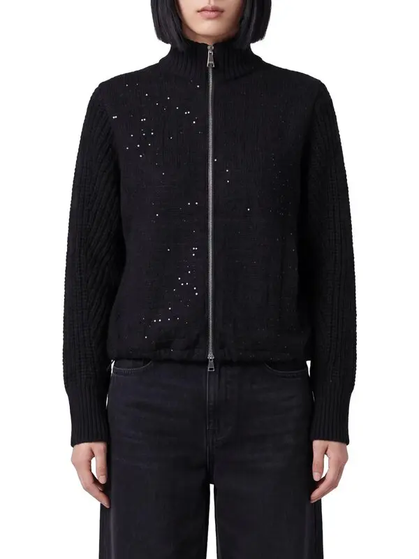 Fabiana Filippi Wool Blend Cardigan With High Neck, Zip Closure And Sequin Embellishment - Black