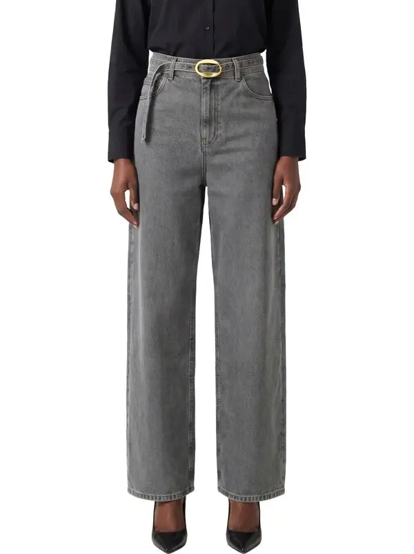 TWINSET High-waisted Wide Leg Jeans In Cotton Denim With Adjustable Belt - Grey