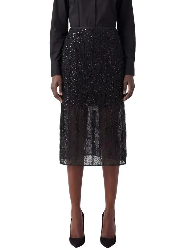 TWINSET Crêpe Pencil Midi Skirt With Sequin Embroidery And Fringes - Black