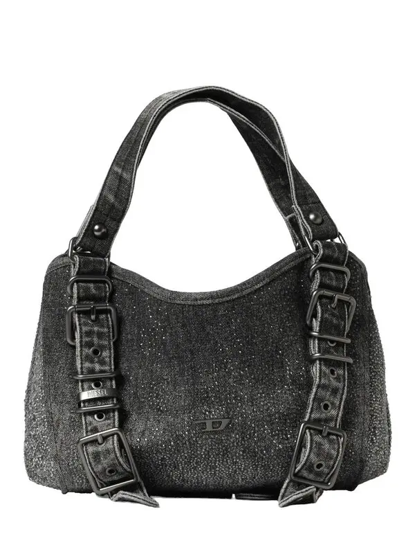 DIESEL® D-one Stone-washed Denim Handbag With Rhinestones And Oval D Logo - Black
