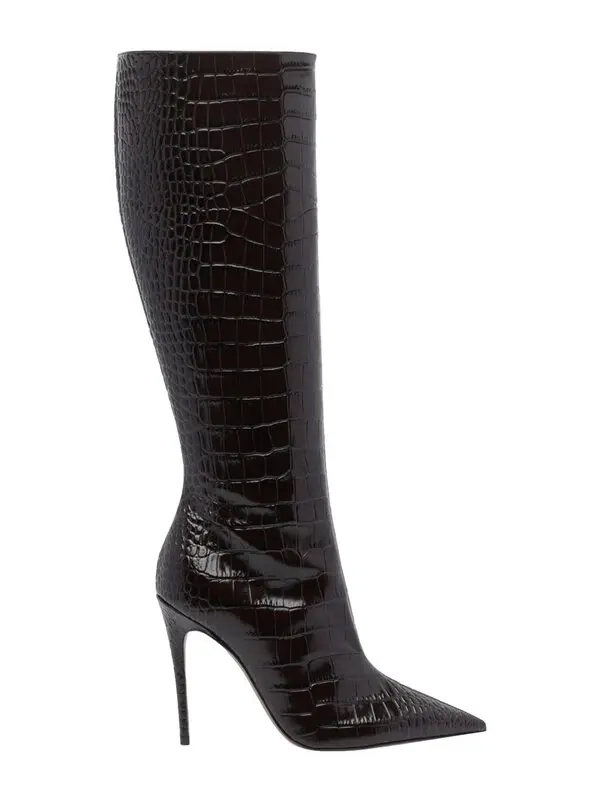 Paris Texas Vera Knee-high Boots In Croc-embossed Leather With Stiletto Heel - Ebony